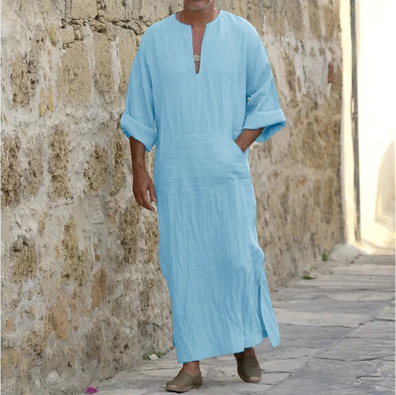 Mens Jua Thobe Kaftan Muslim Arab Islamic V-Neck Short Sleeve Solid ...