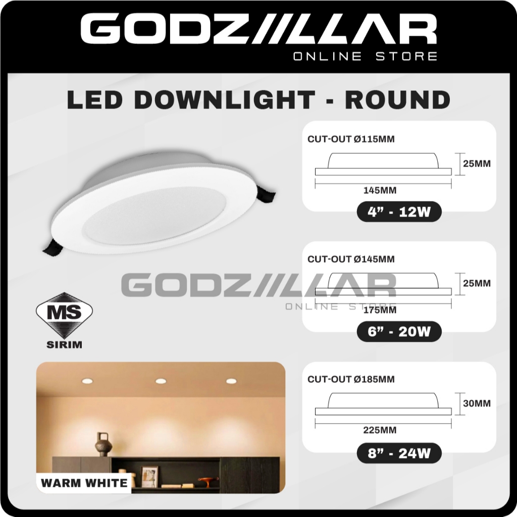 (Sirim) LED Downlight Round Square 24W 20W 12W 8 & 6 & 4Inch Recessed ...