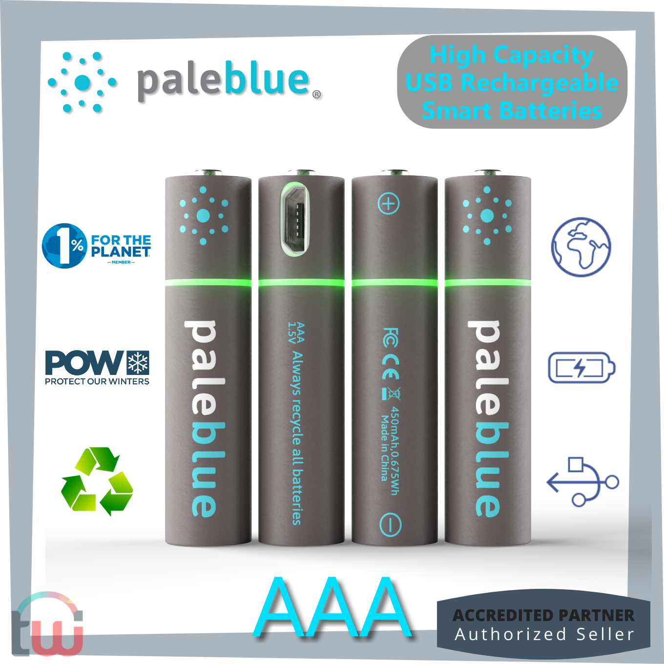 PALE BLUE High Capacity AAA USB Smart Rechargeable Batteries ...