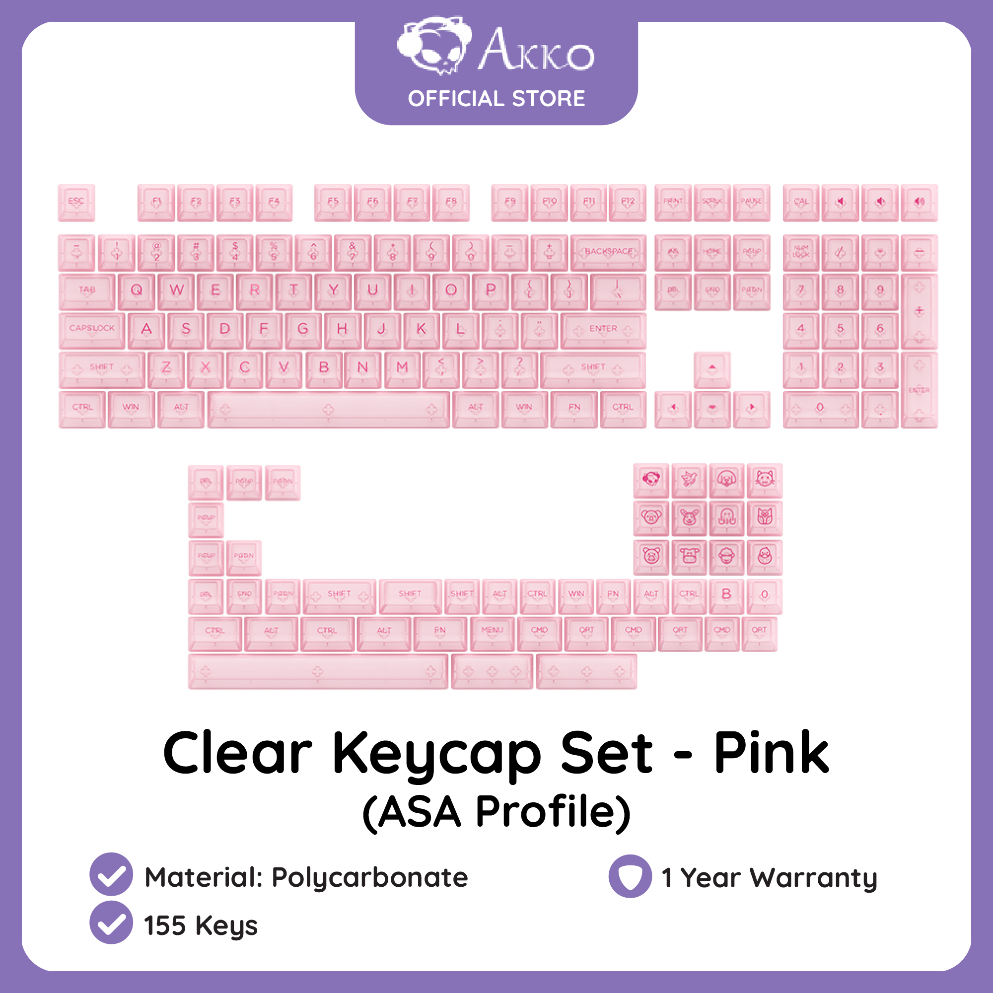 AKKO Clear Transparent Keycap Sets (White / Black / Pink / Mint ) ASA ...