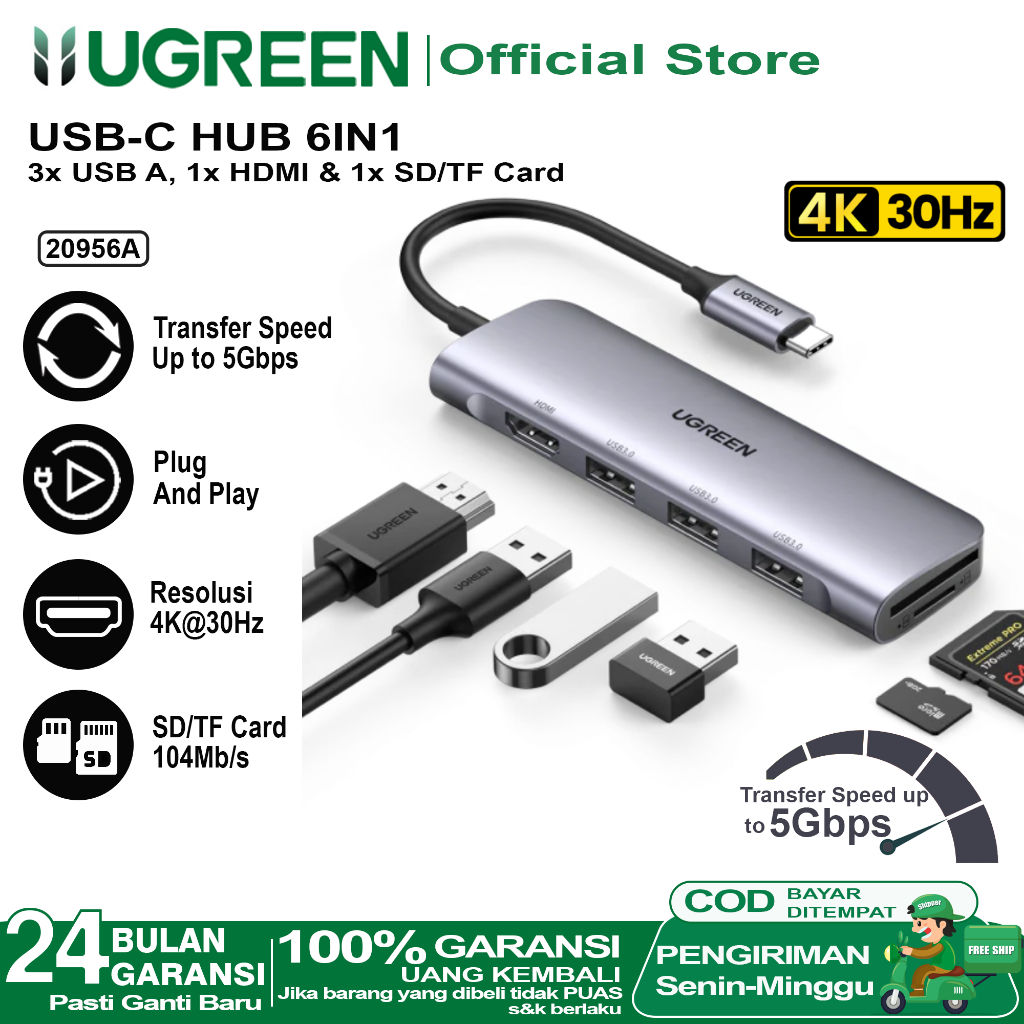 UGREEN USB C Hub 7 in 1 USB 3.0 HDMI SD TF Card 4K 30Hz Display 15214 | Lazada Indonesia