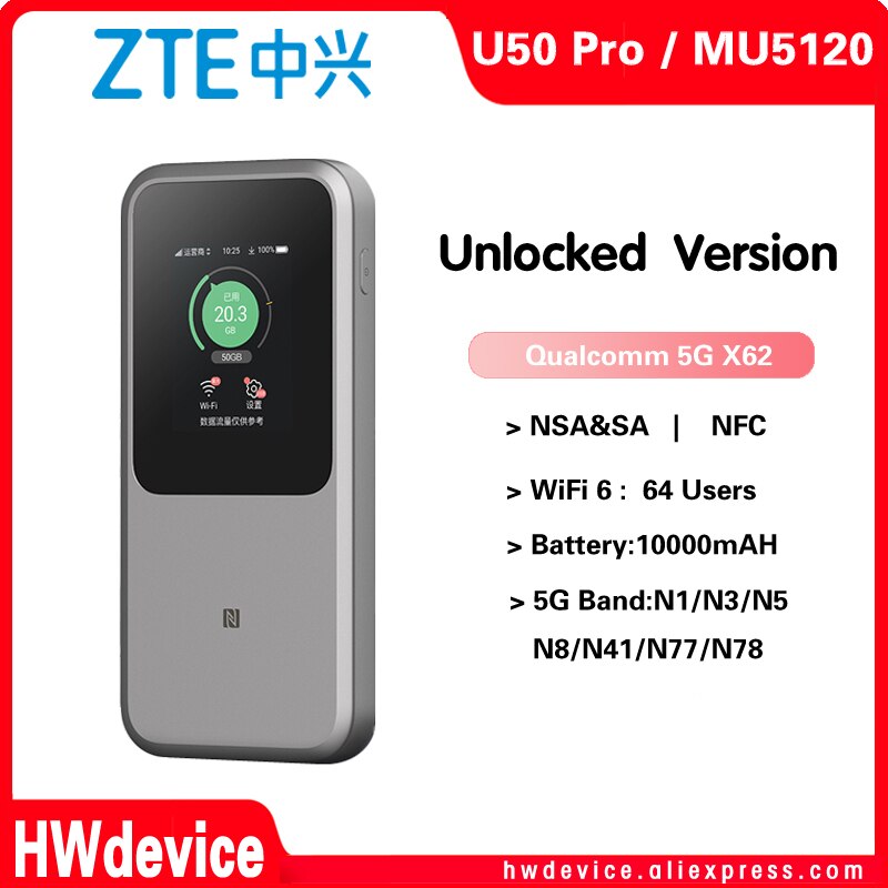 ZTE U50 Pro WiFi 5G Router MU5120 WIFI 6 10000mAh 3600Mbps NSA+SA ...