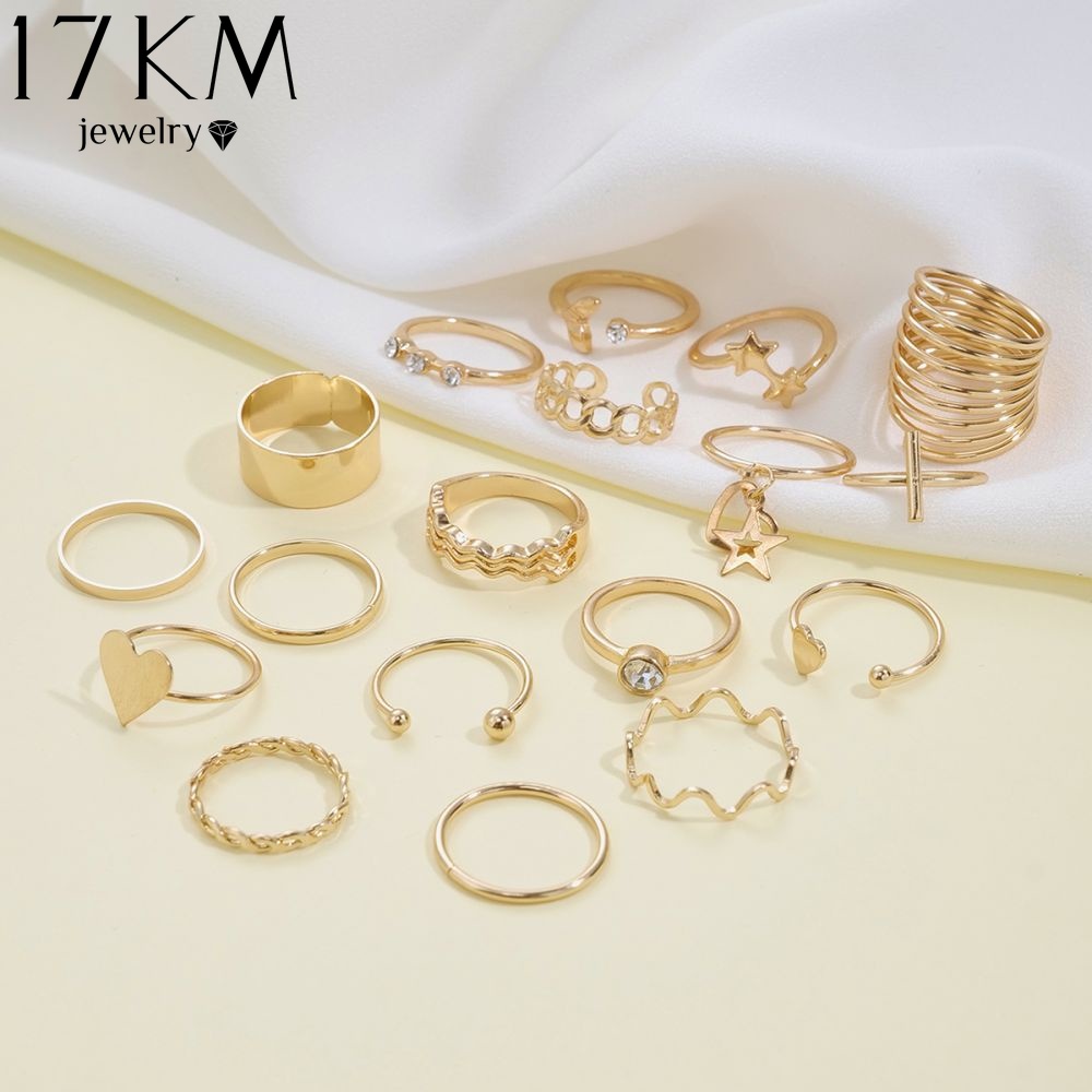 17 KM 18pcsset Star Heart Gold Ring Set Elegant Crystal Wave Open Rings ...