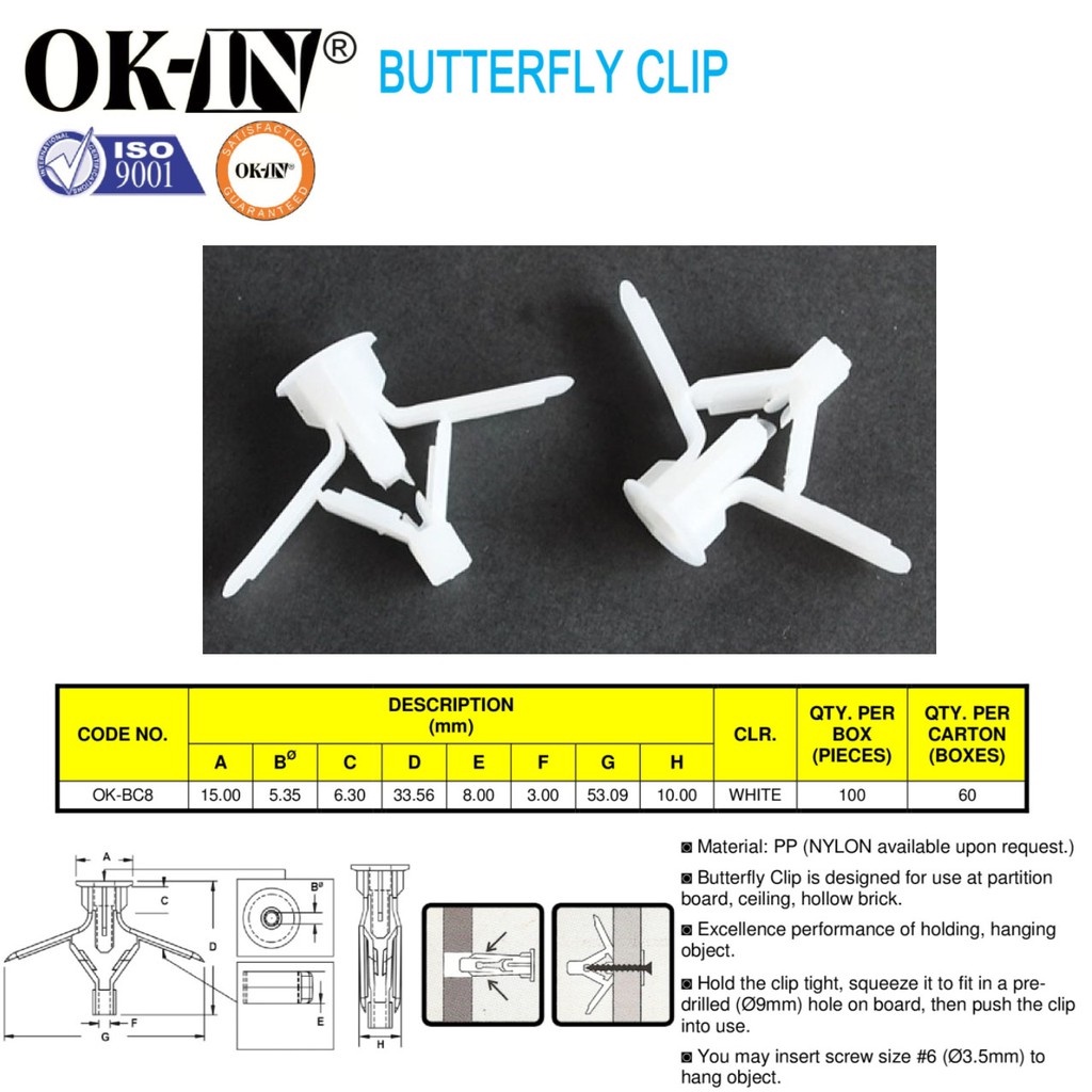 OK-IN Nylon Butterfly Wall Plug for Hollow Partition Wall Ceiling ...