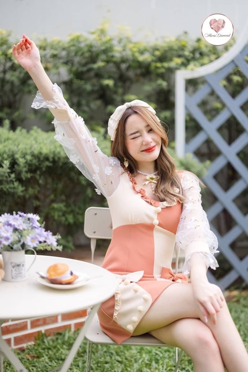 Maria Diamond Brand การันตีเสื้อผ้าแบรนด์แท้ มินิเดรสแขนยาว สีส้มพีช ...