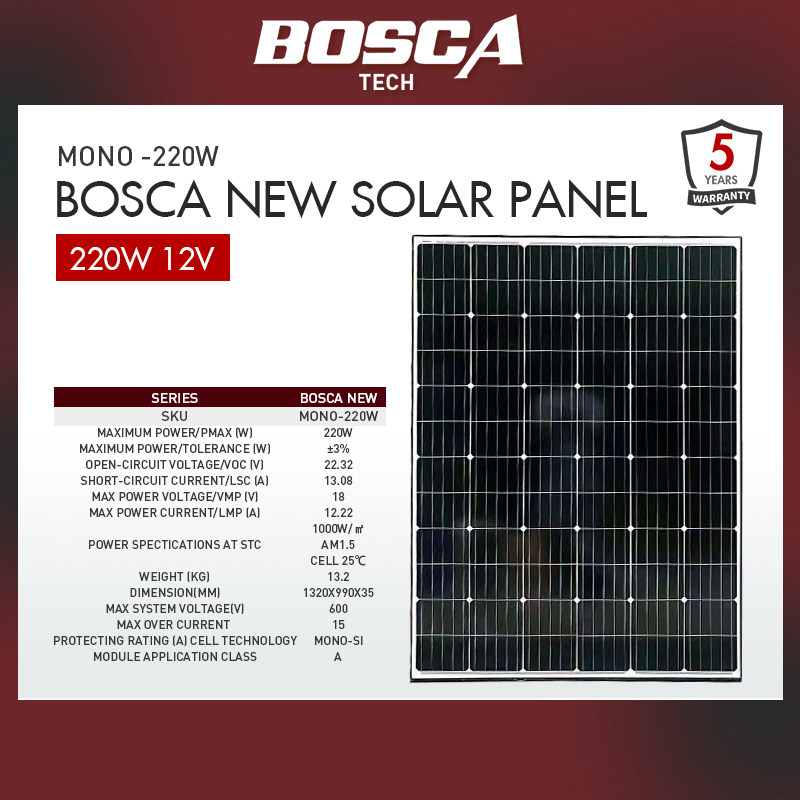 BOSCA Solar Panel 5 YEAR WARRANTY MONO 10W 25W 35W 60W 120W 160W 200W ...