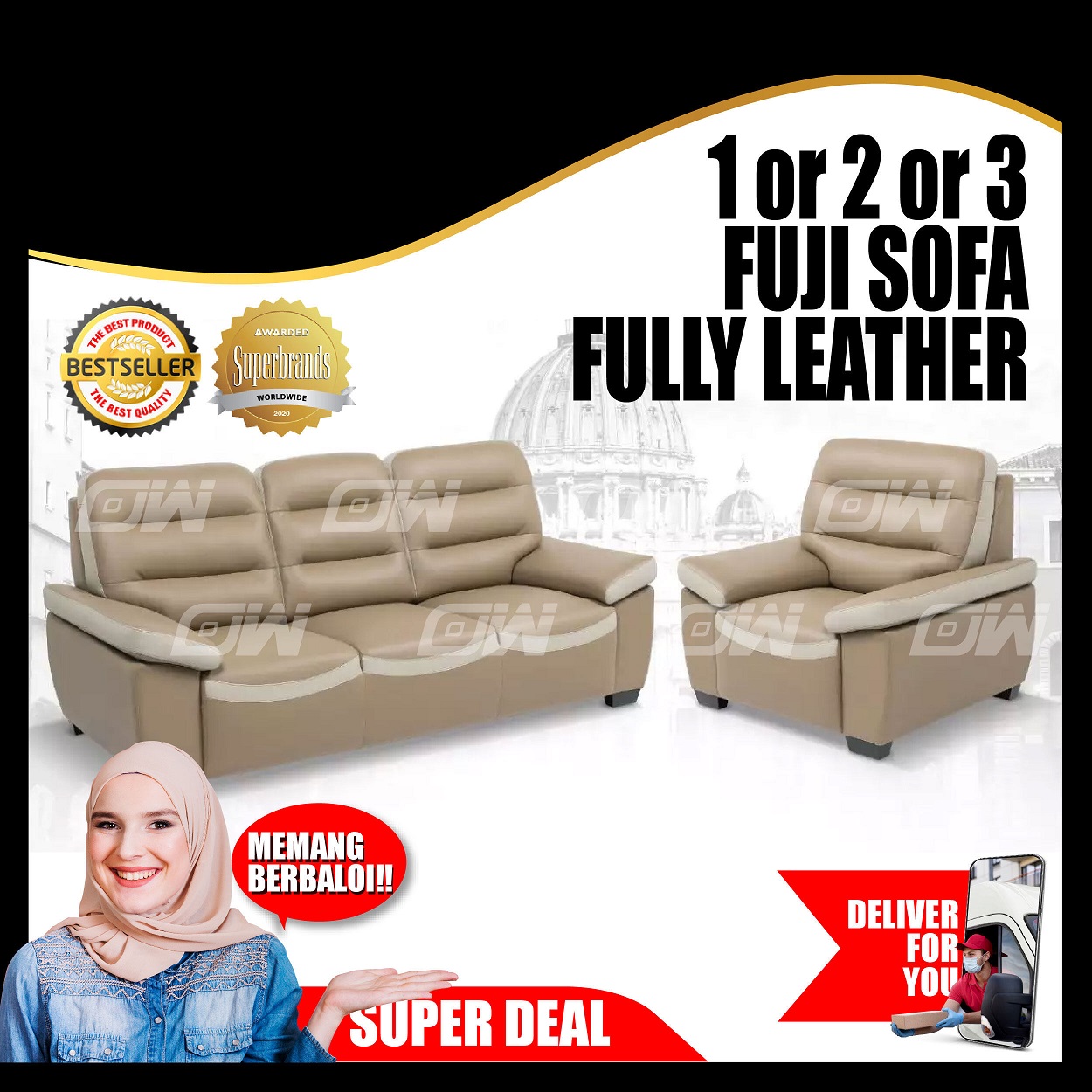 Fuji 1 / 2 / 3 Seater Sofa Fully Leather Sofa / Lounge Chair / Relax ...