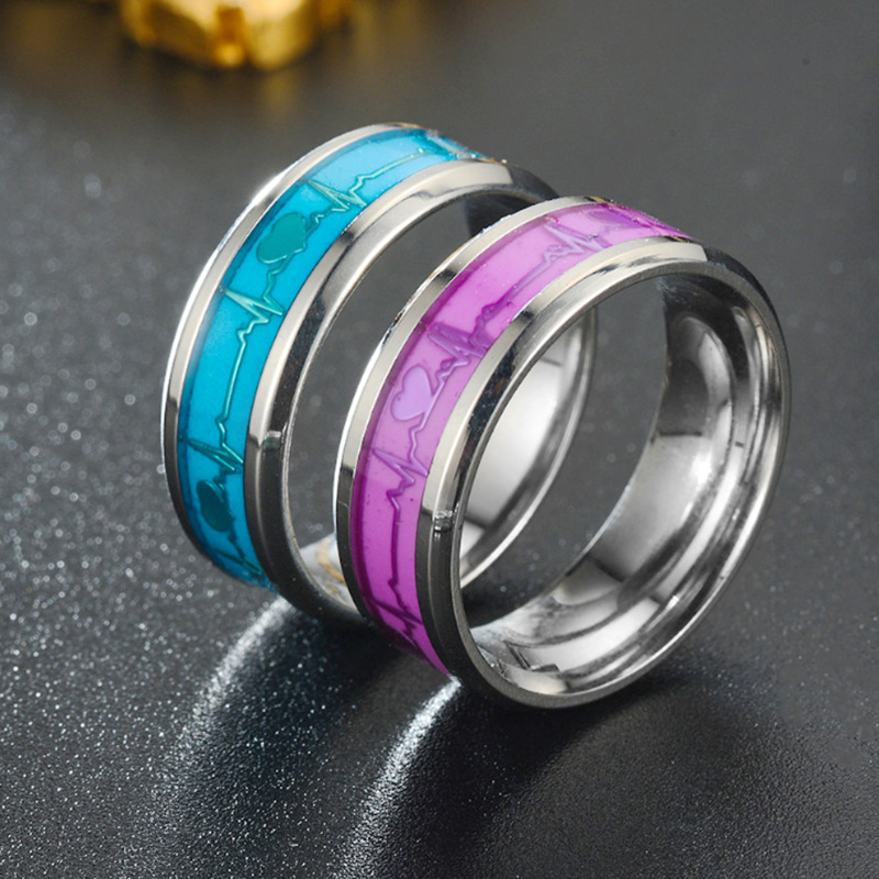 Fashion Love Heart Glow Rings ECG Luminous Titanium Steel Teenager ...