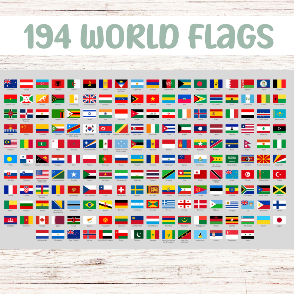 194 flags of the world, educational chart poster for kids, toddler and ...