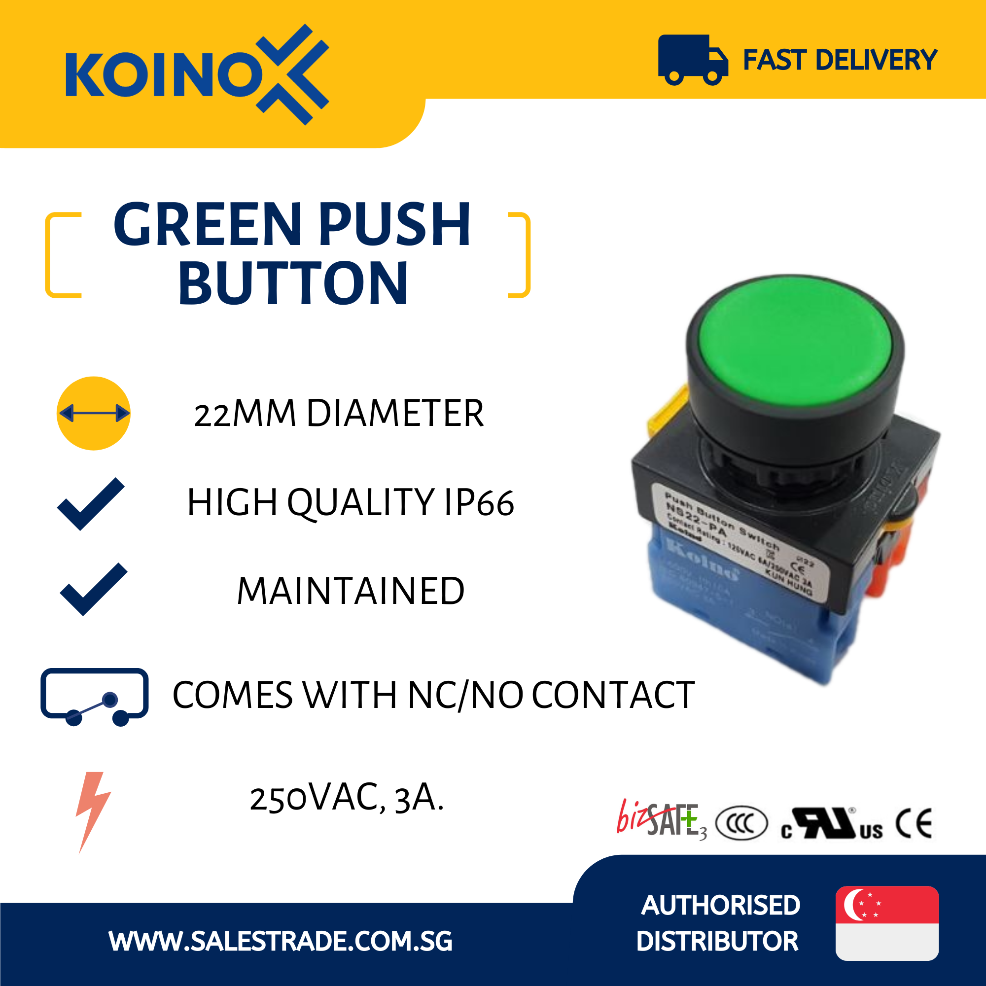 Koino Green Push Button Control Switch IP66. Maintained / latched ...