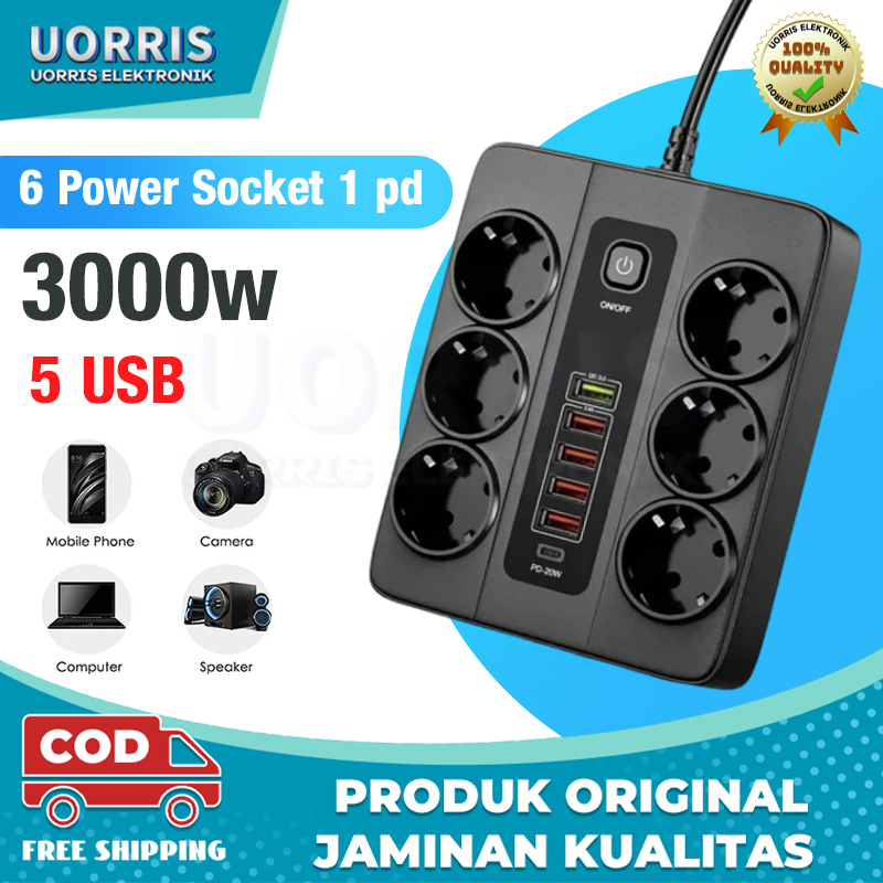 3000W Power Soket 6 colokan stop kontak Stop Kontak USB Hexagon Socket 5 USB 1A 3000watt BKL ...