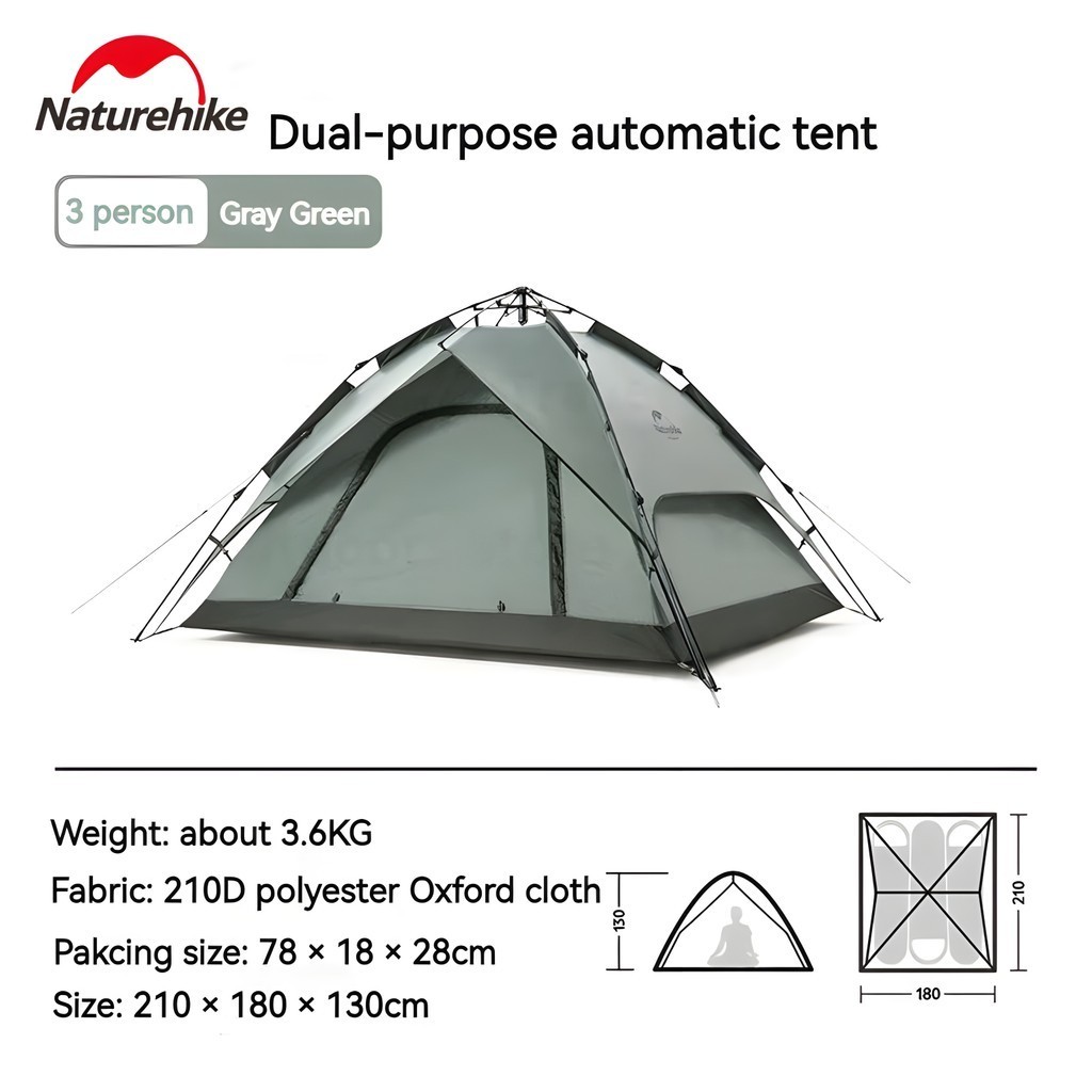 Naturehike Automatic Tent 3 and 4 Person Dome Style 210D Polyester Waterproof Outdoor Camping ...