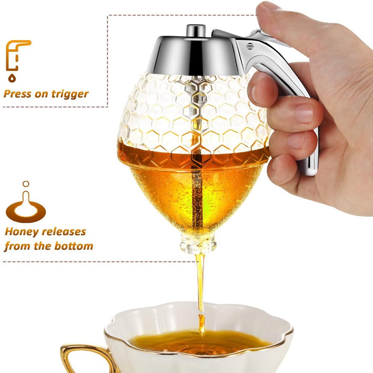 No Drip Glass Honey Dispenser with Stand - Honeycomb-Style Syrup Server ...
