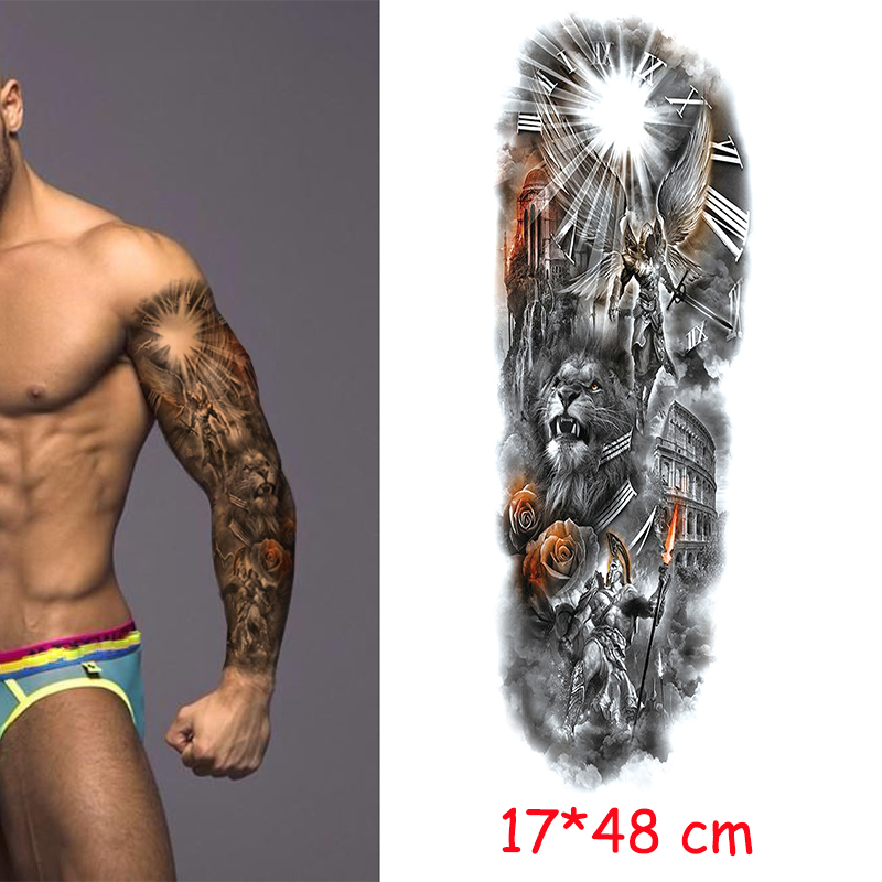 waterproof temporary tattoo full arm lion king warrior tree flower fake ...