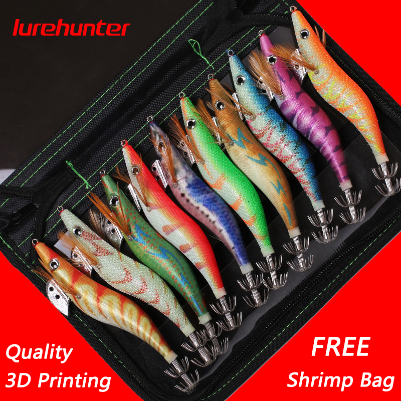 10PCS with Shrimp Bag 3D Printing 2.5 3.0 Hook Luminous Squid Fishing Shrimp Lure Squid ...