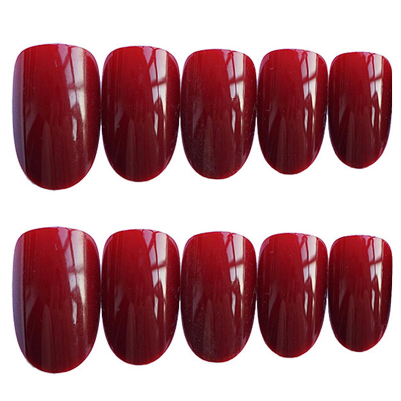 24x Red wine Fake Nails Pure color round head Nail Manicure Decor Back ...