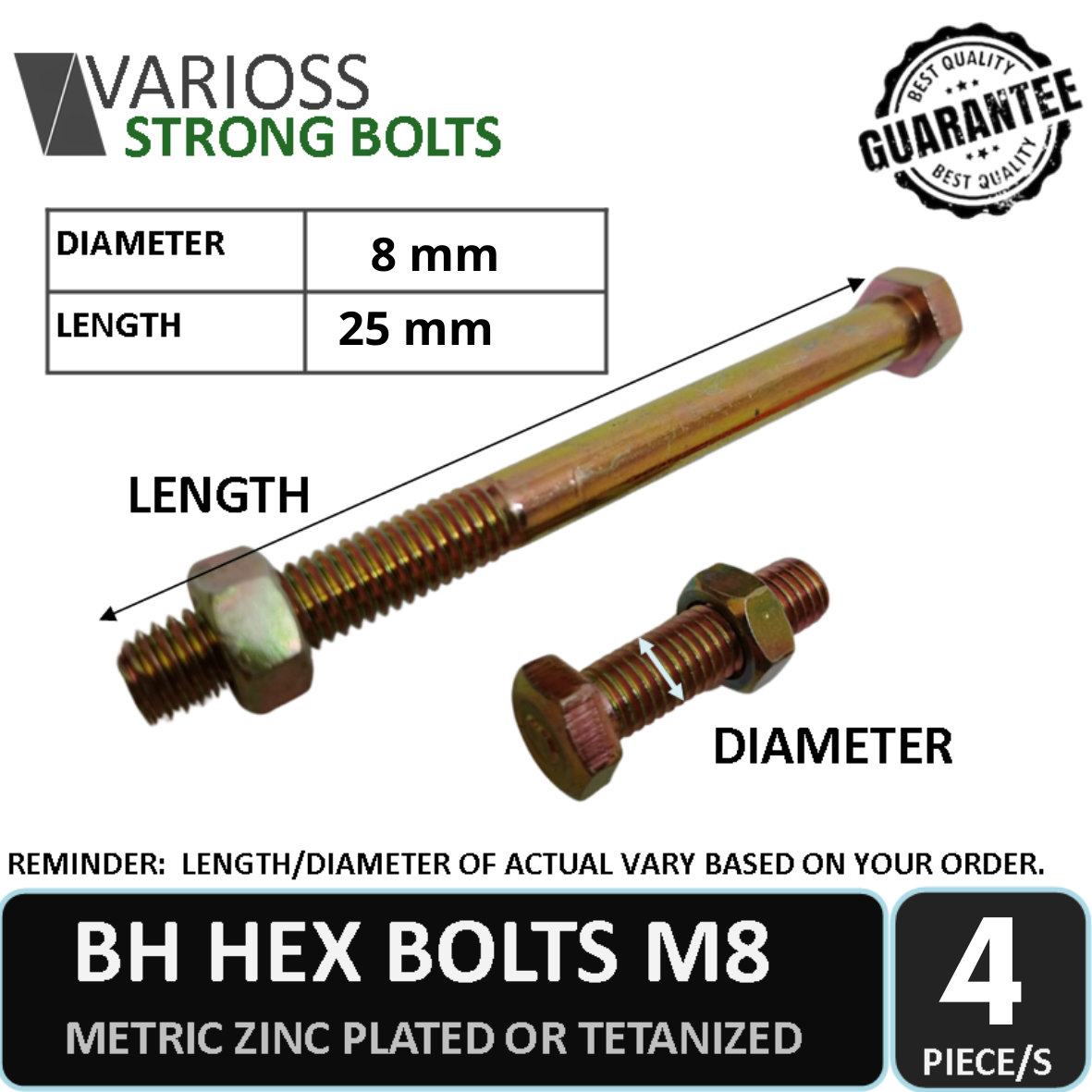 BH or Tetanized Hex Bolt with nut M8, 8 mm diameter x 80 - 200 mm ...