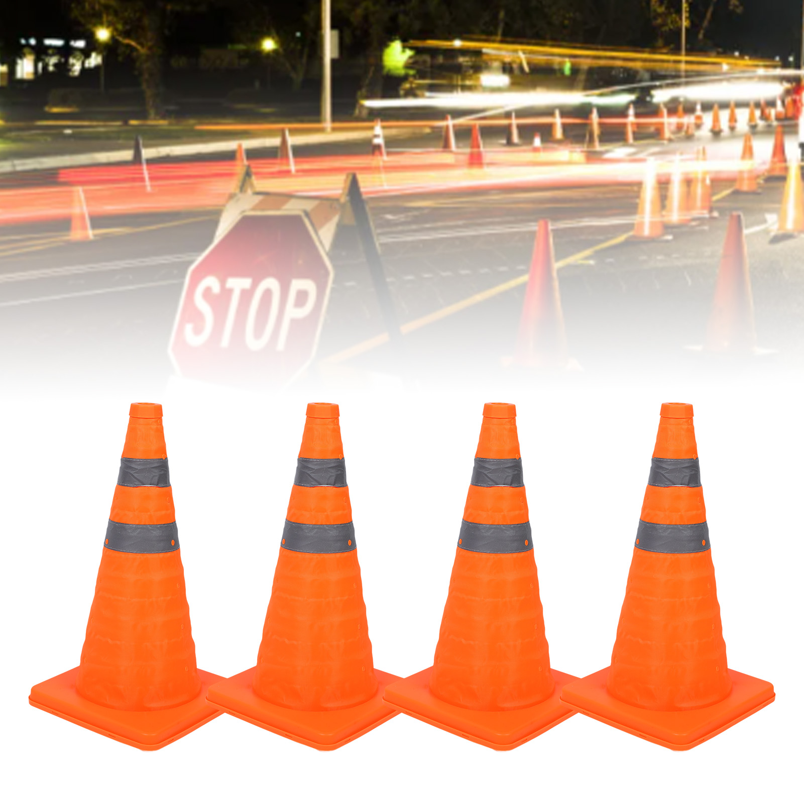 Safety Cones Easy Setup Foldable 360° Reflective Strips PP Base 4Pcs ...