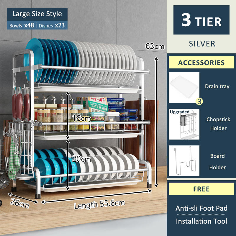 GSlife 2/3 Tiers 56CM Large 304 Stainless Steel Dish Rack Dish Drying ...