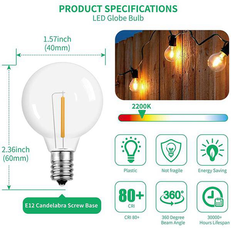 6Pcs G40 Led Replacement Light Bulbs, E12 Screw Base Shatterproof LED Globe Bulbs for Solar ...