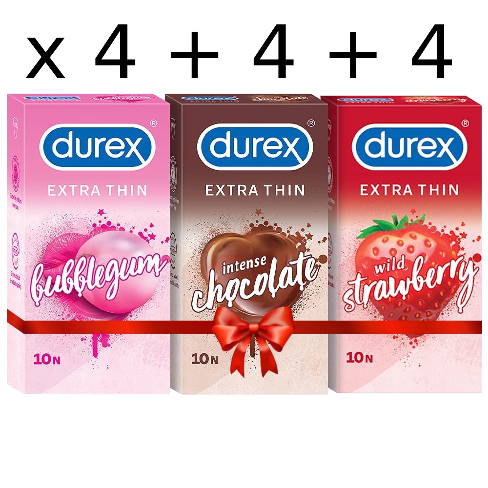 Durex Condoms | 120 Count (12 Mix Flavor Pack) | Bubblegum + Chocolate Strawberry | Extra Thin ...