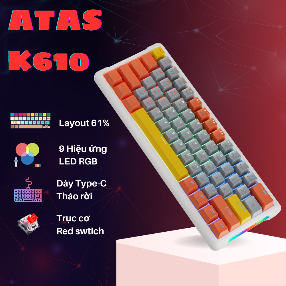 Bàn phím cơ ATAS K610 Layout 61% - Red swtich - LED Rainbow - Có Hot swaps | Lazada.vn