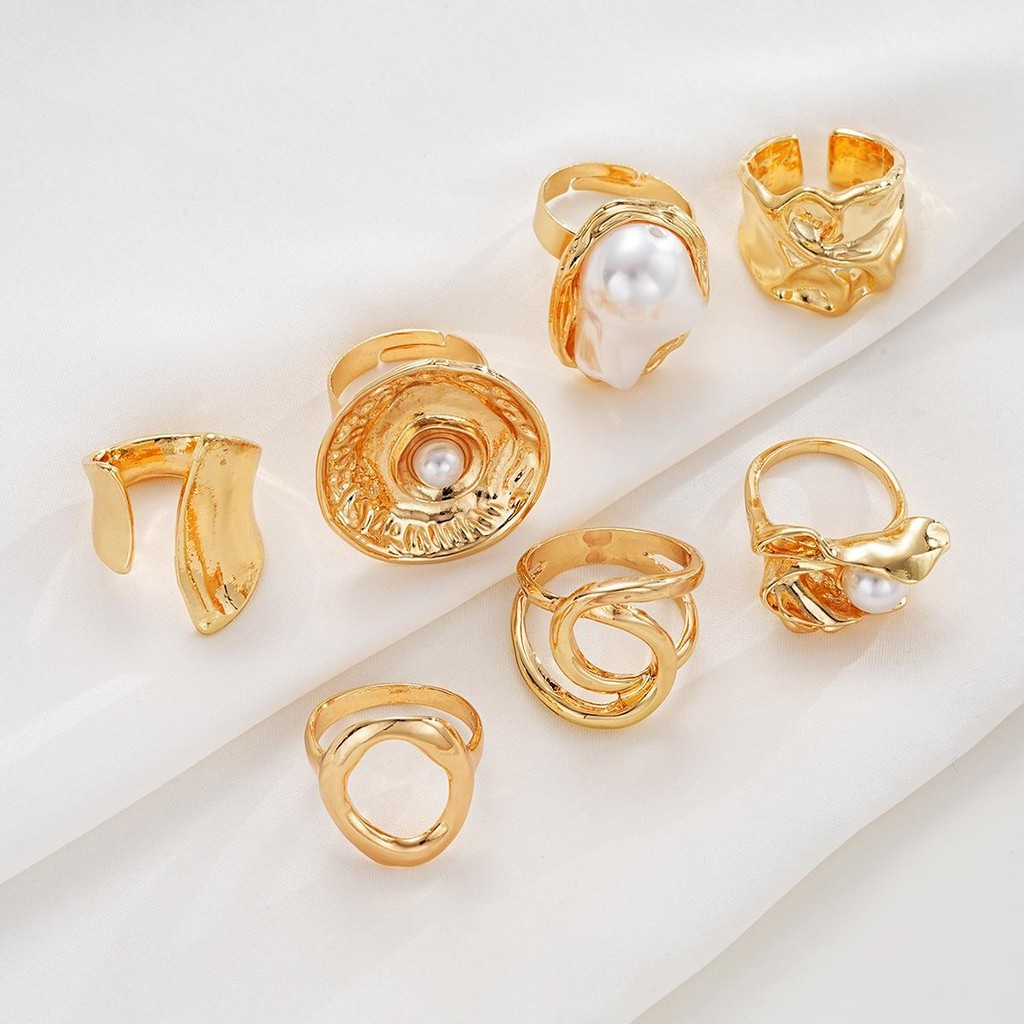 Enacolor Retro Punk Exaggerated Irregular Geometry Ring Set Gold Metal Pearl Joint Open Rings ...