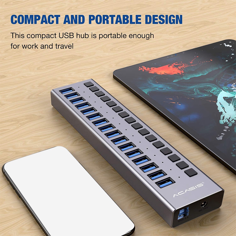 ACASIS Powered USB Hub 16 Ports 90W USB 3.0 Data Hub - with Individual On/Off Switches for PC ...