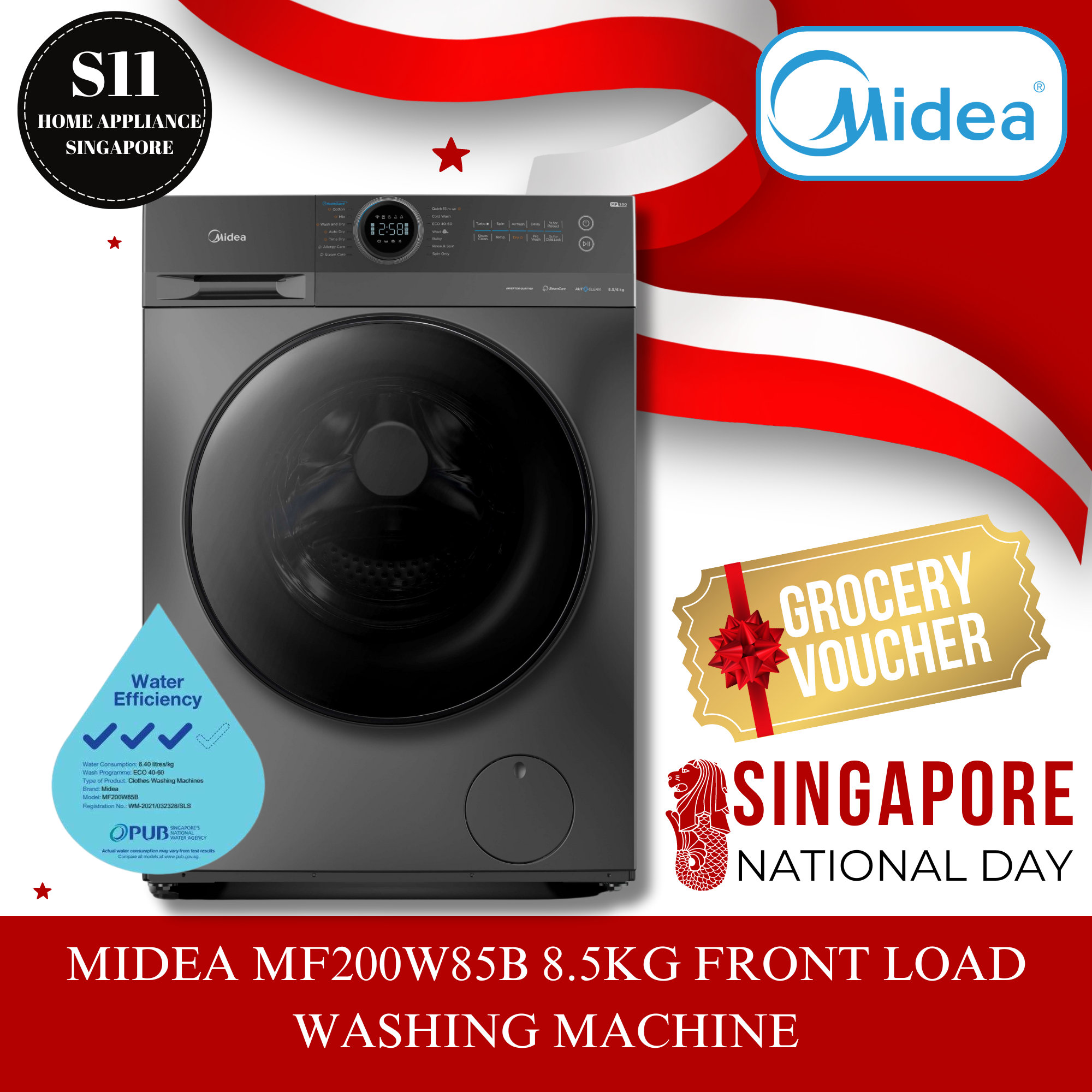MIDEA MF200W85B / MF200W95B 8.5/9.5KG INVERTER FRONT LOAD WASHING ...