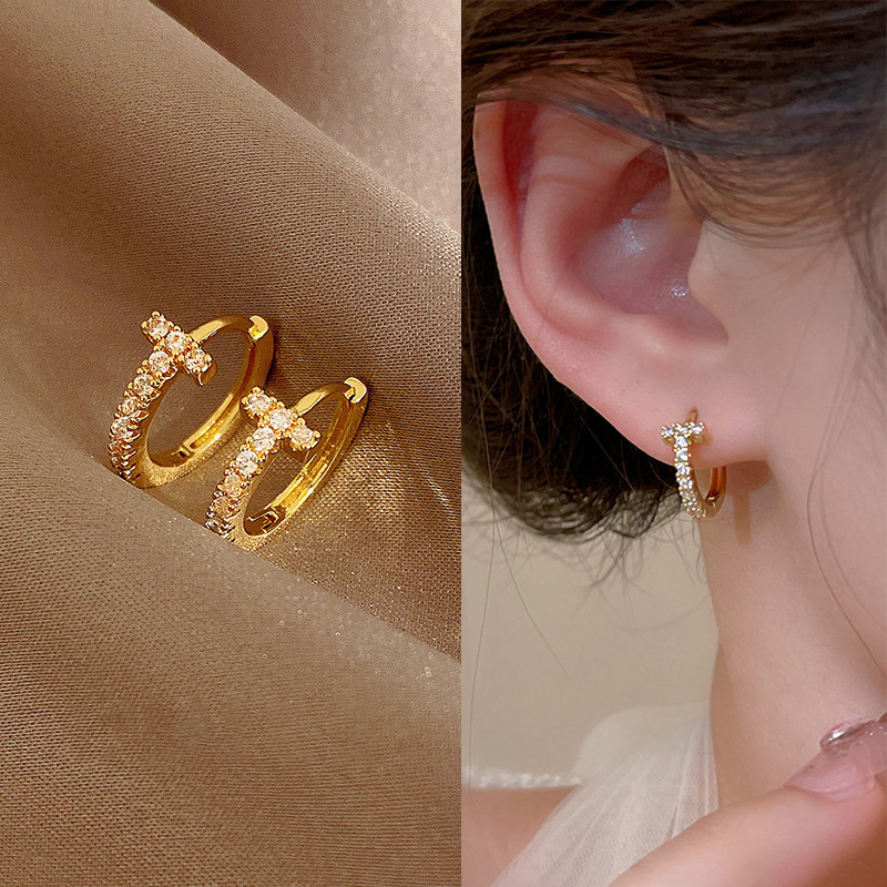 17KM 18K Gold Hypoallergenic Plated Zircon Hoop Earrings for Women Stud ...