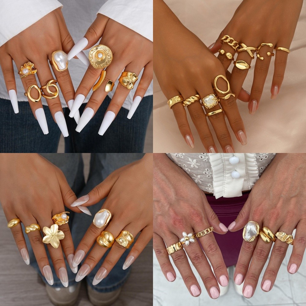 Enacolor Retro Punk Exaggerated Irregular Geometry Ring Set Gold Metal Pearl Joint Open Rings ...