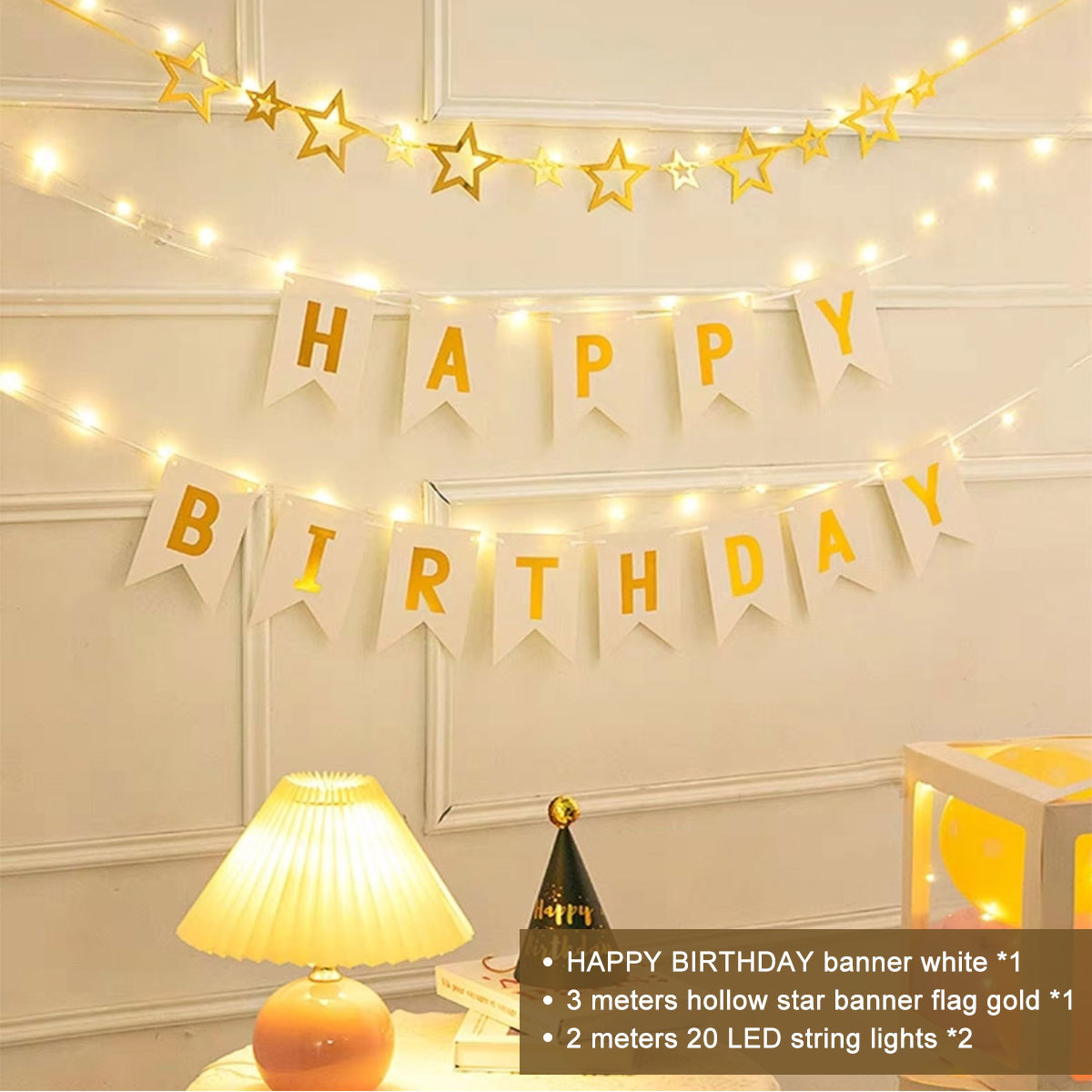 Happy Birthday Banner with Lights Backdrop Set Foil Triangle Banner ...