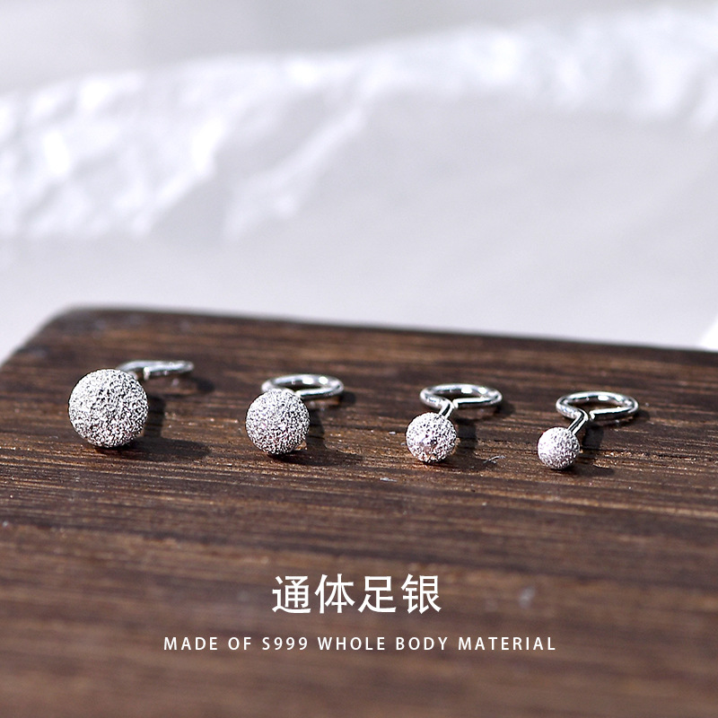 SS999 Flash Sand Ear Hook Bean Ear Nail Frosted Round Bead Ear Hole ...