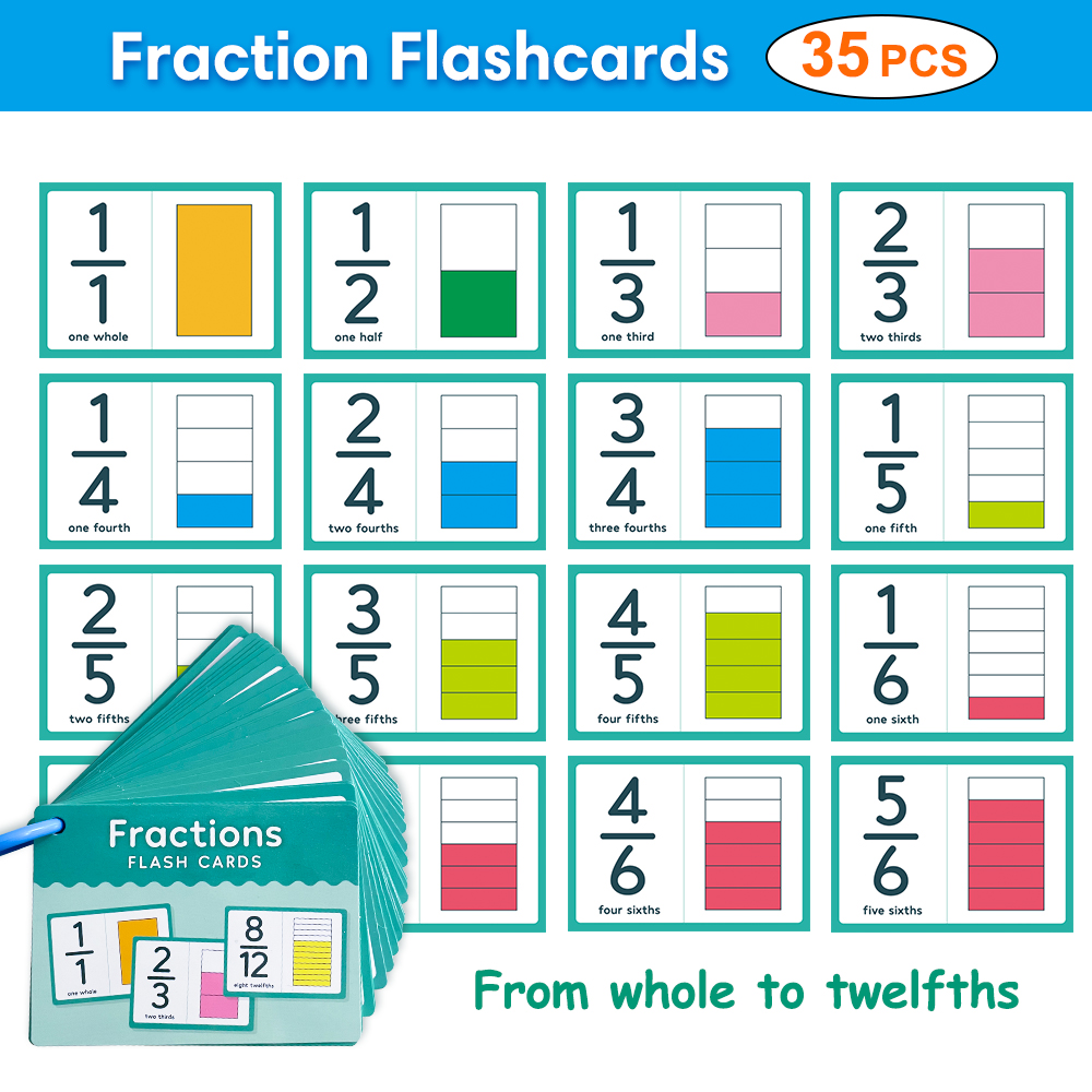 35PCS Fraction Number Flash Cards Kids Math Educational Flash Cards ...