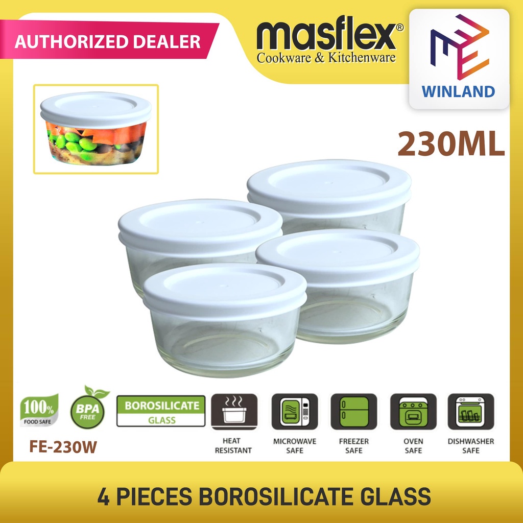 MASFLEX by Winland 4 Pieces Borosilicate Glass 230ml Food Container with Lid FE-230W/FE-230G ...