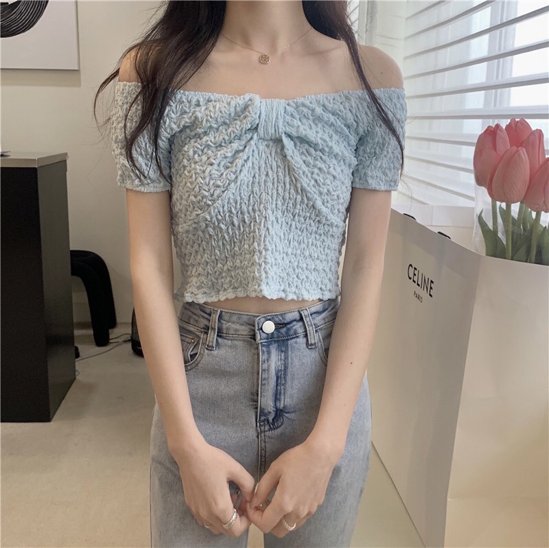 BBboyy FS12🍉เสื้อครอปปาดไหล่ ครอปแต่โบว์ ผ้ายับ ครอปน่ารักสไตล์เกาหลี เสื้อแฟชั่นน่ารัก เสื้อ ...