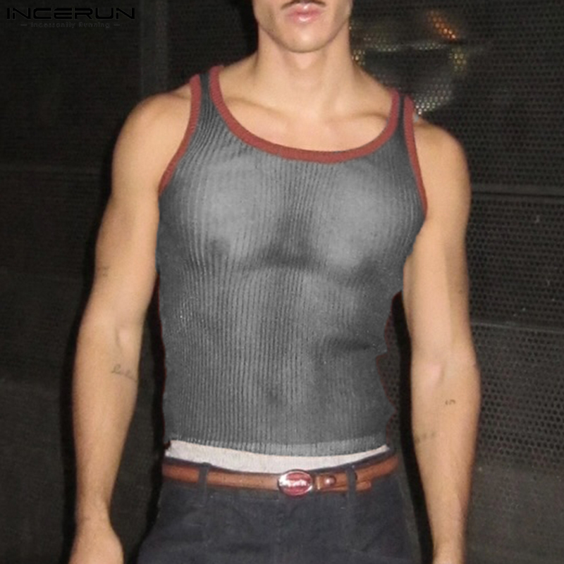 INCERUN Men's Fashion Party Contrast Edge See Through Tanks Sleeveless ...
