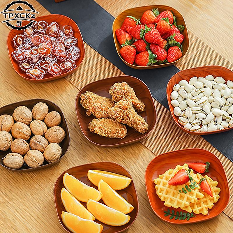 4pcs Plastic Snack Plate Imitation Wood Cake Trays Sushi Breakfast ...