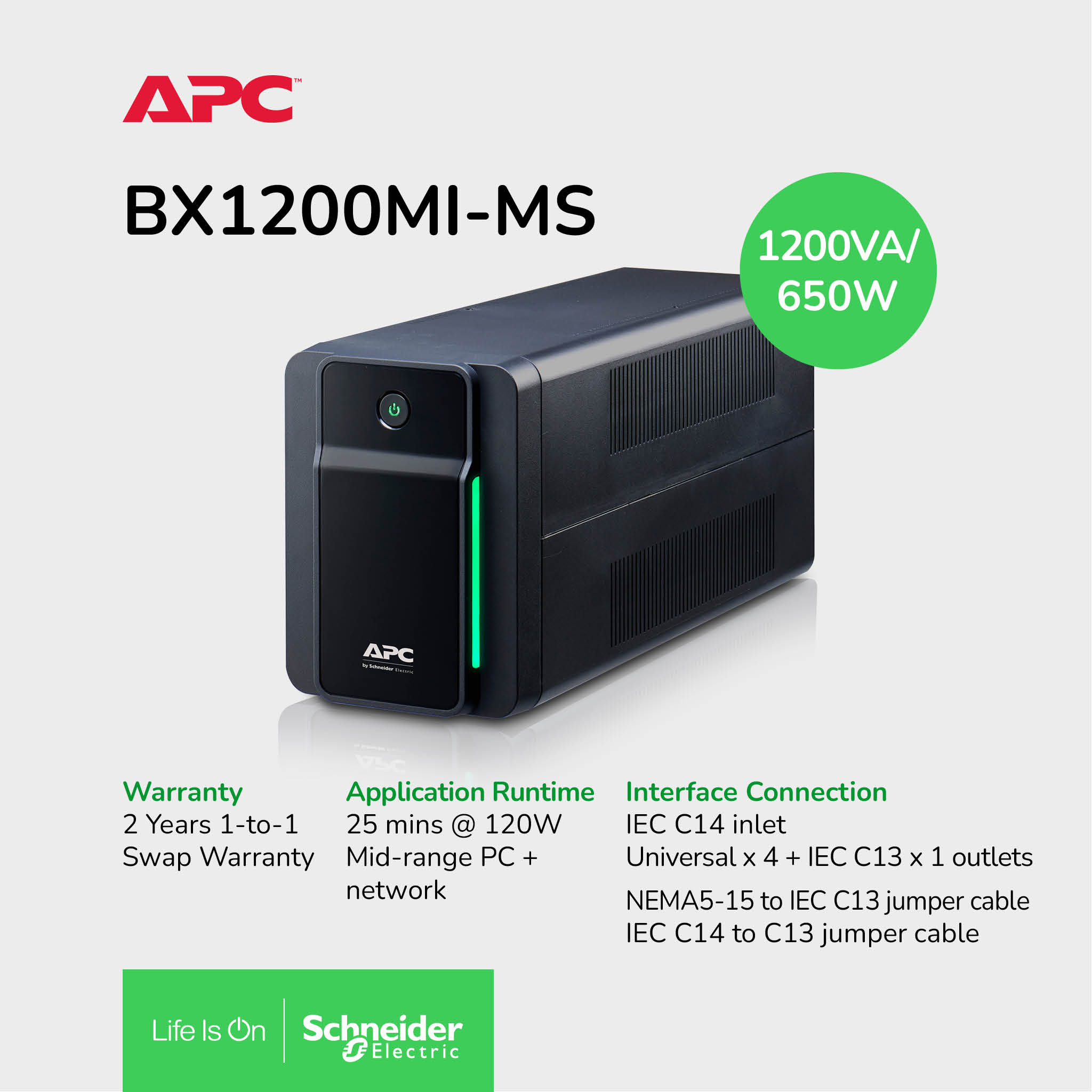 APC Back-UPS 1200VA, 230V, AVR, 2 universal & 1 IEC outlets, BX1200MI ...