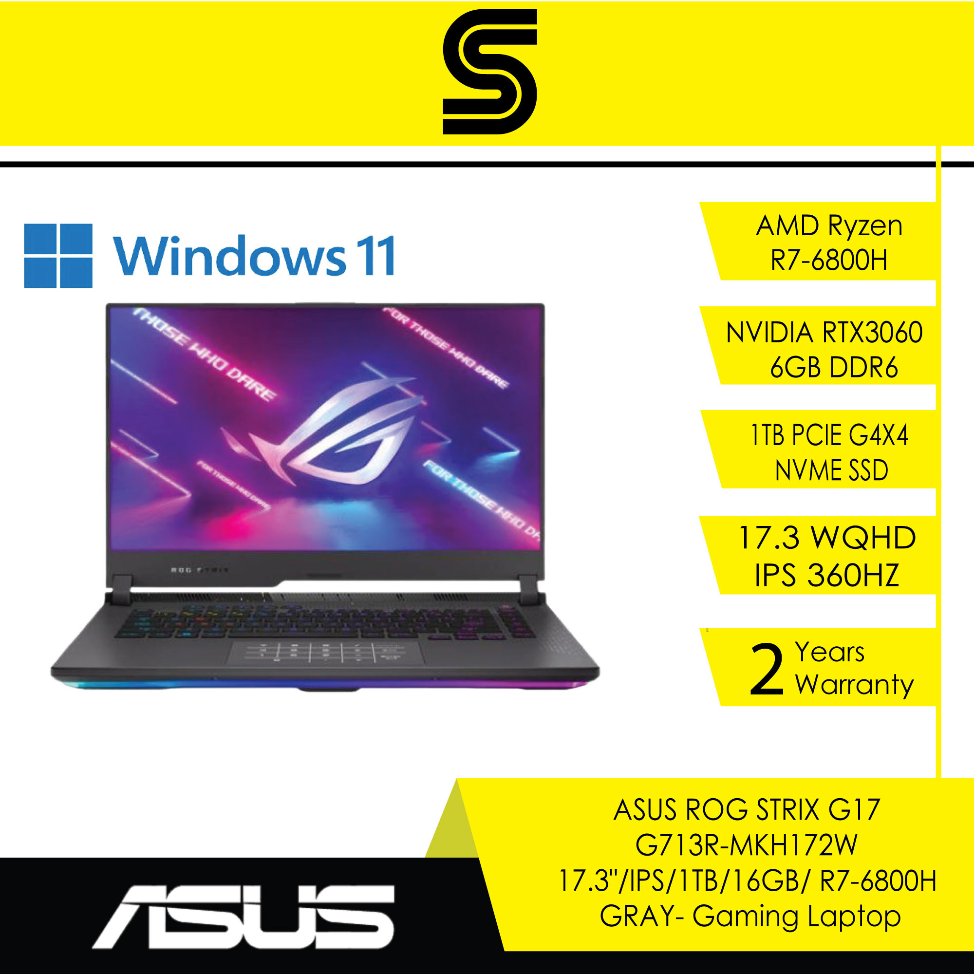 ASUS ROG STRIX G17 G713R-MKH172W - Gaming Laptop (Ryzen7 6800H/16GB ...