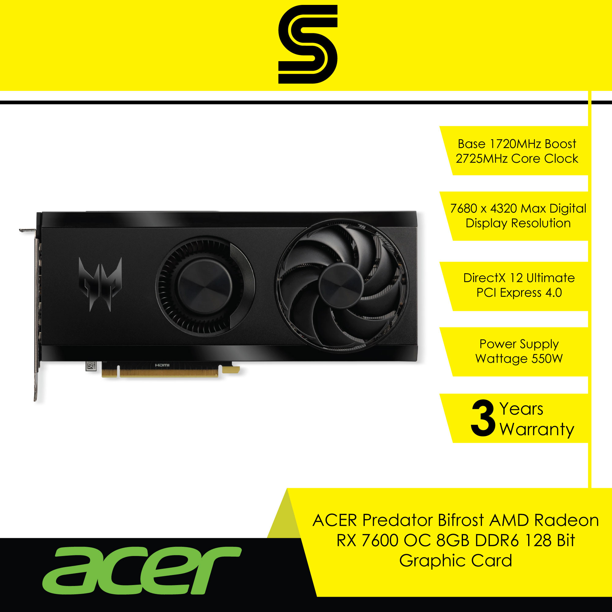 ACER Predator Bifrost AMD Radeon RX 7600 OC 8GB DDR6 128 Bit Graphic ...