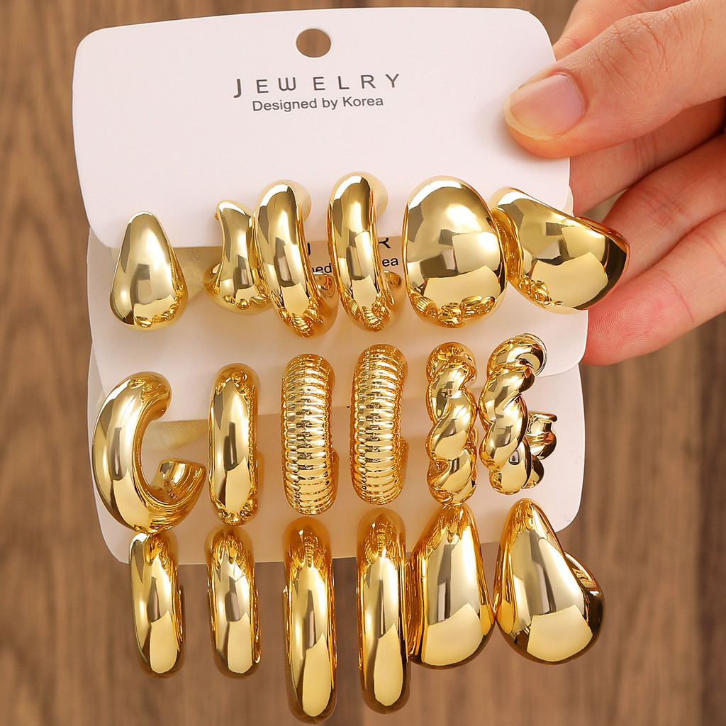 9Pairs/Set Retro Gold Silver CCB Acrylic Twist Geometry Hoop Earrings ...