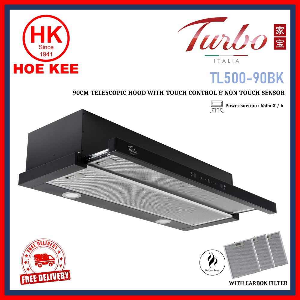 Turbo Incanto TL500-90BK 90cm telescopic hood with touch control & non ...