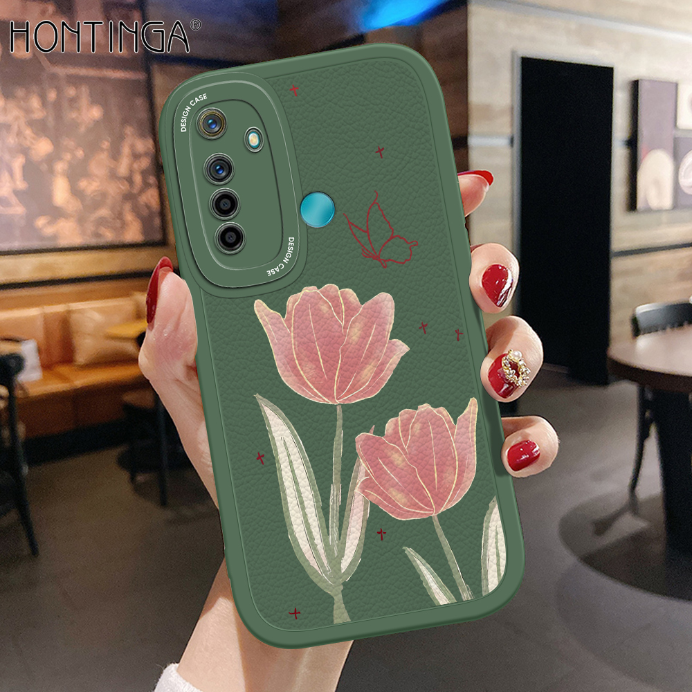 Hontinga for Realme 5 5i 5S 6i Back Cover PU Leather Pink Flowers Phone ...