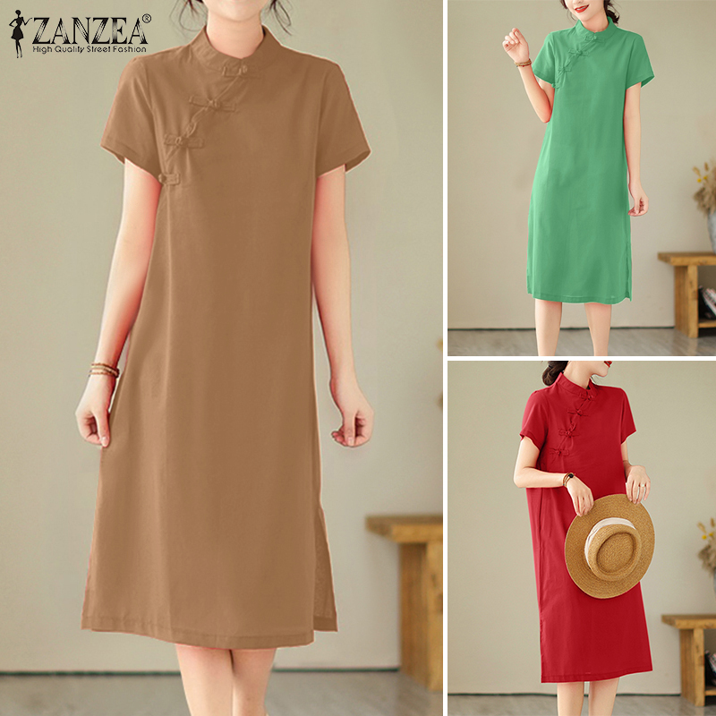 Celmia ZANZEA Womens Cheongsam Dress Elegant Loose Plain Midi Dresses ...