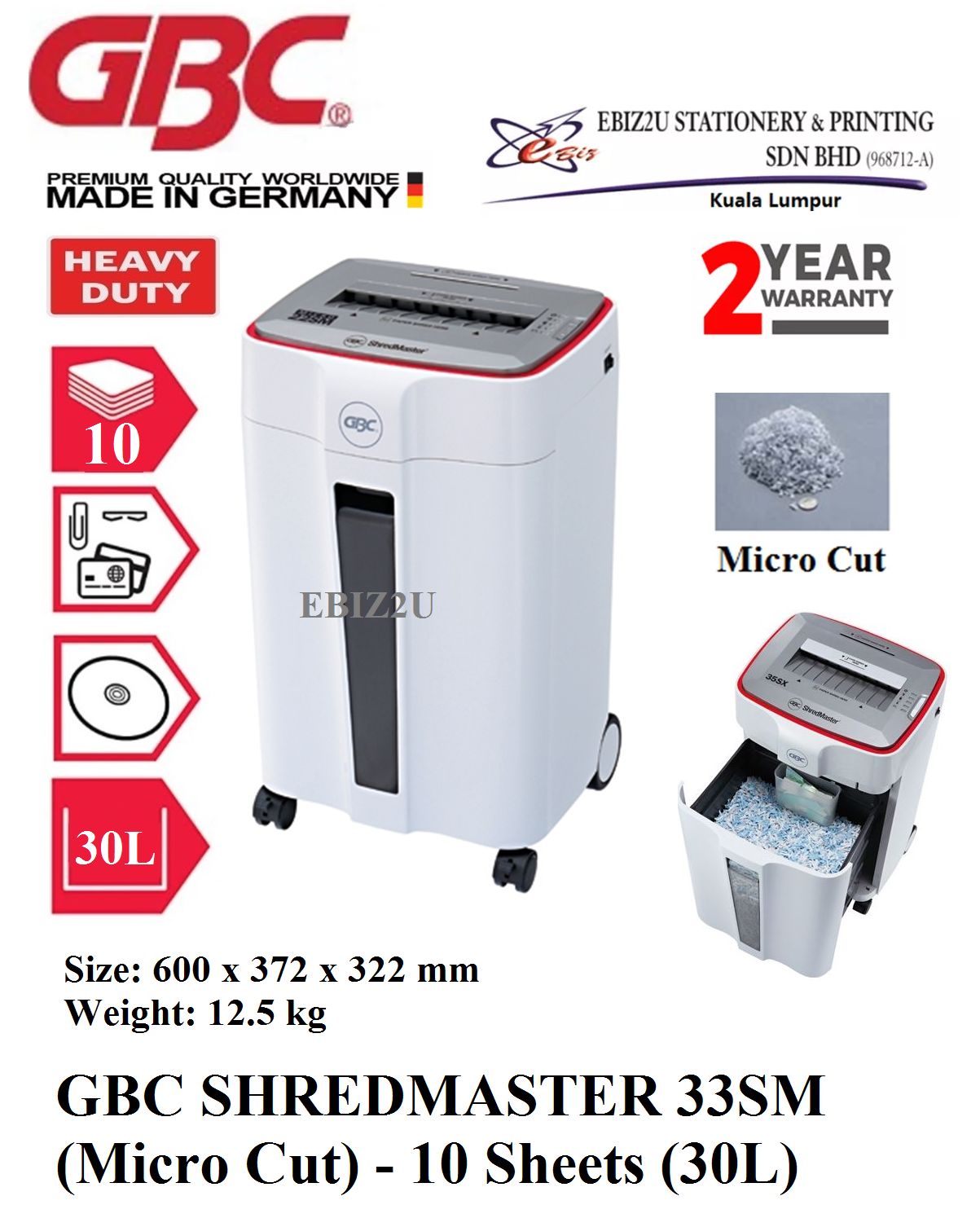 GBC SHREDMASTER 33SM Paper Shredder (Micro Cut) - 10 Sheets (30L) (Mico ...