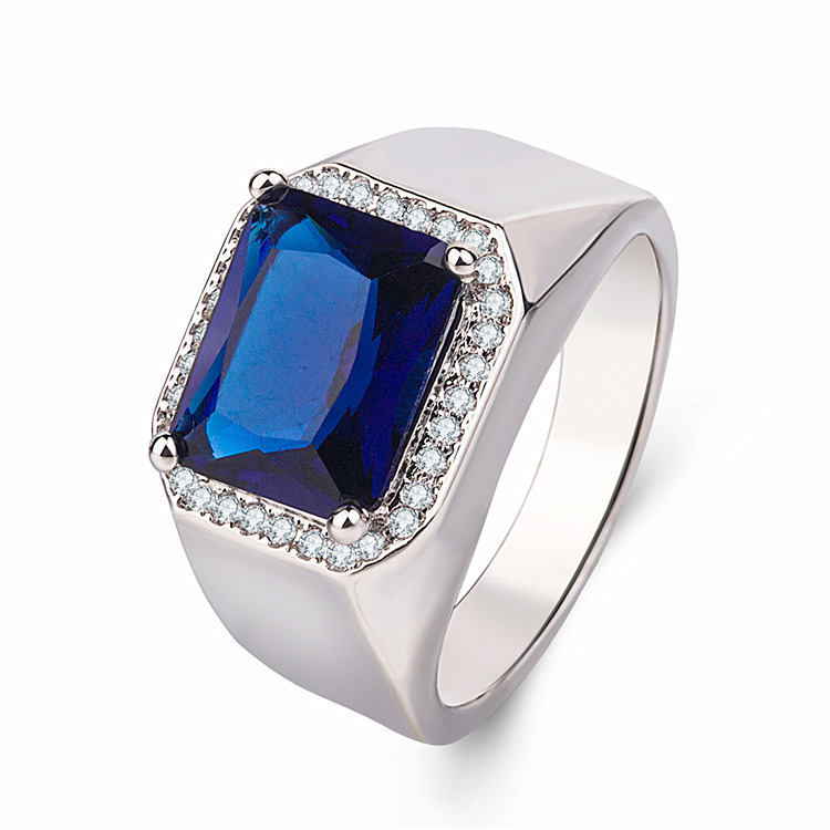 【I was hyped up】Blue corundum sapphire open men's ring silver plated ...