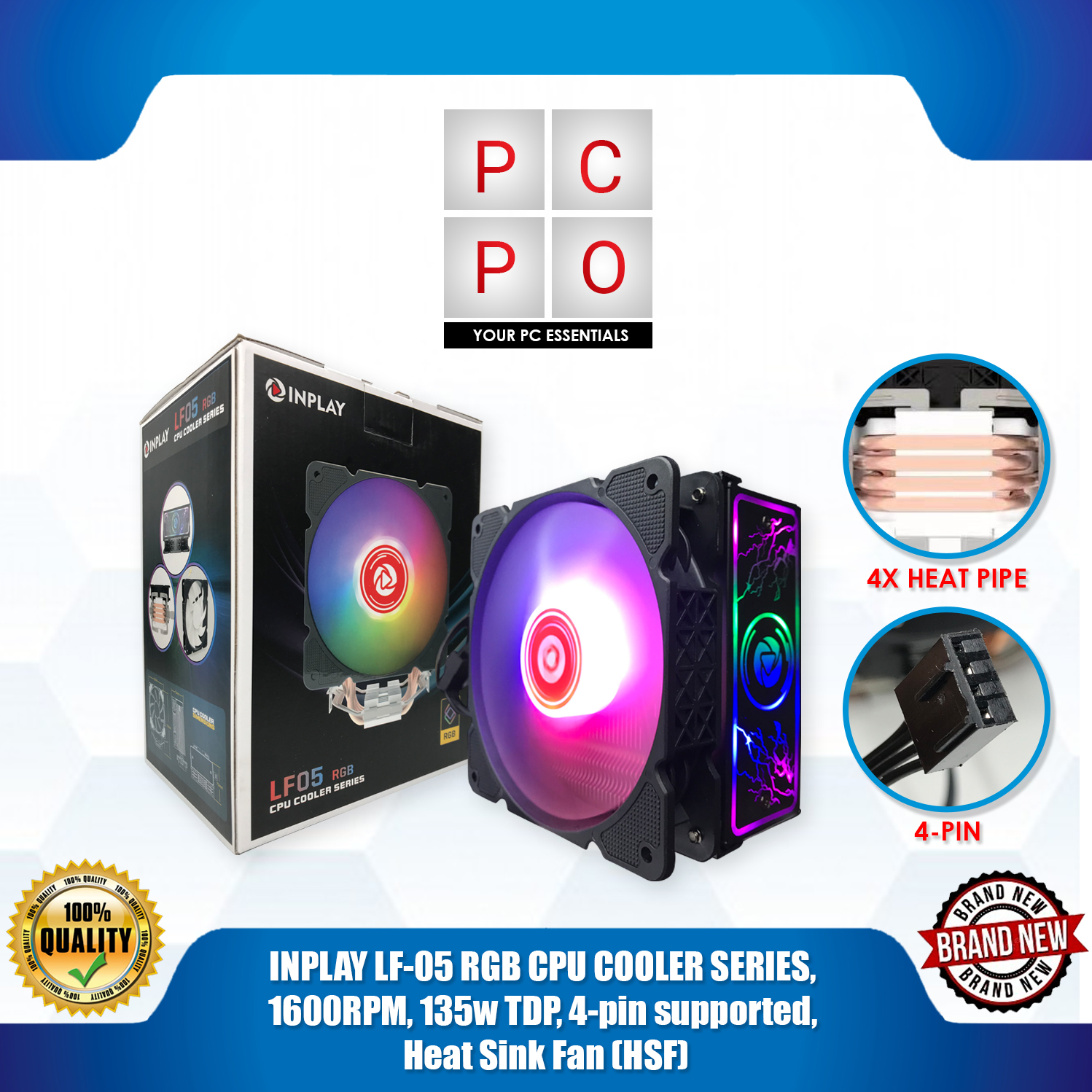 INPLAY LF-05 RGB CPU COOLER SERIES, 1600RPM, 135w TDP, 4-pin supported ...