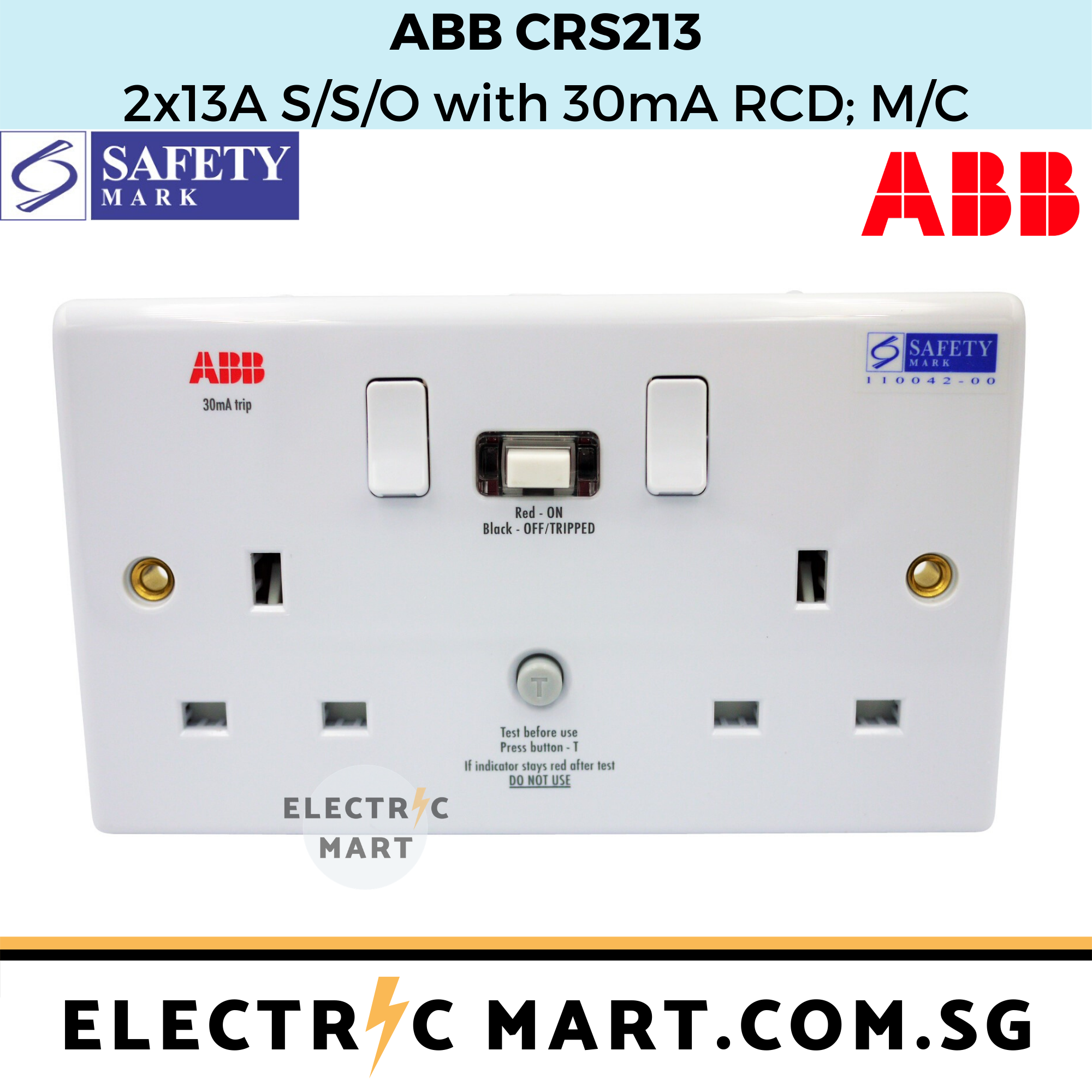 ABB CRS213 13A RCD Twin Switch Socket Outlet, 2 gang / 2x13A SSO with ...