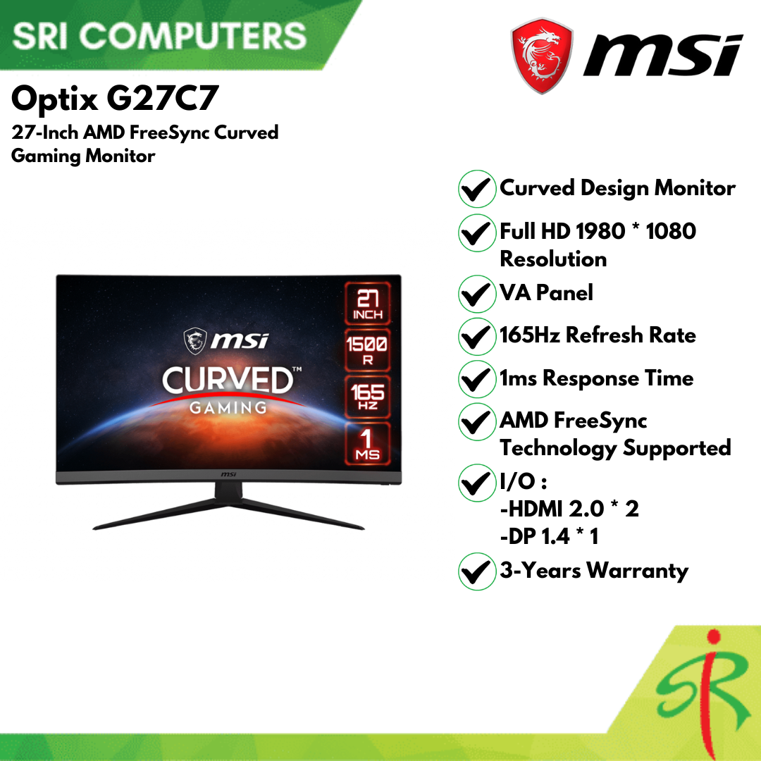 MSI Optix G27C7 27-Inch AMD FreeSync Curved Gaming Monitor (3-YEARS ...